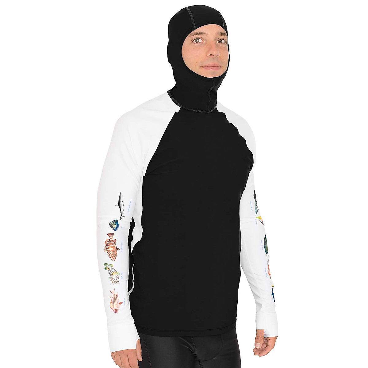 Tuga Men's Snorkel Hooded Top UPF 50+, Caribbean Fish, USA Made, Black, Large