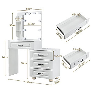 Buildonely Hollywood Vanity Table with Dimmable Switch, Dressing Table Set with Lighted Mirror and Cushioned Chair. Large Storage Capacity White Vanity Set 3 Color Setting for Makeup