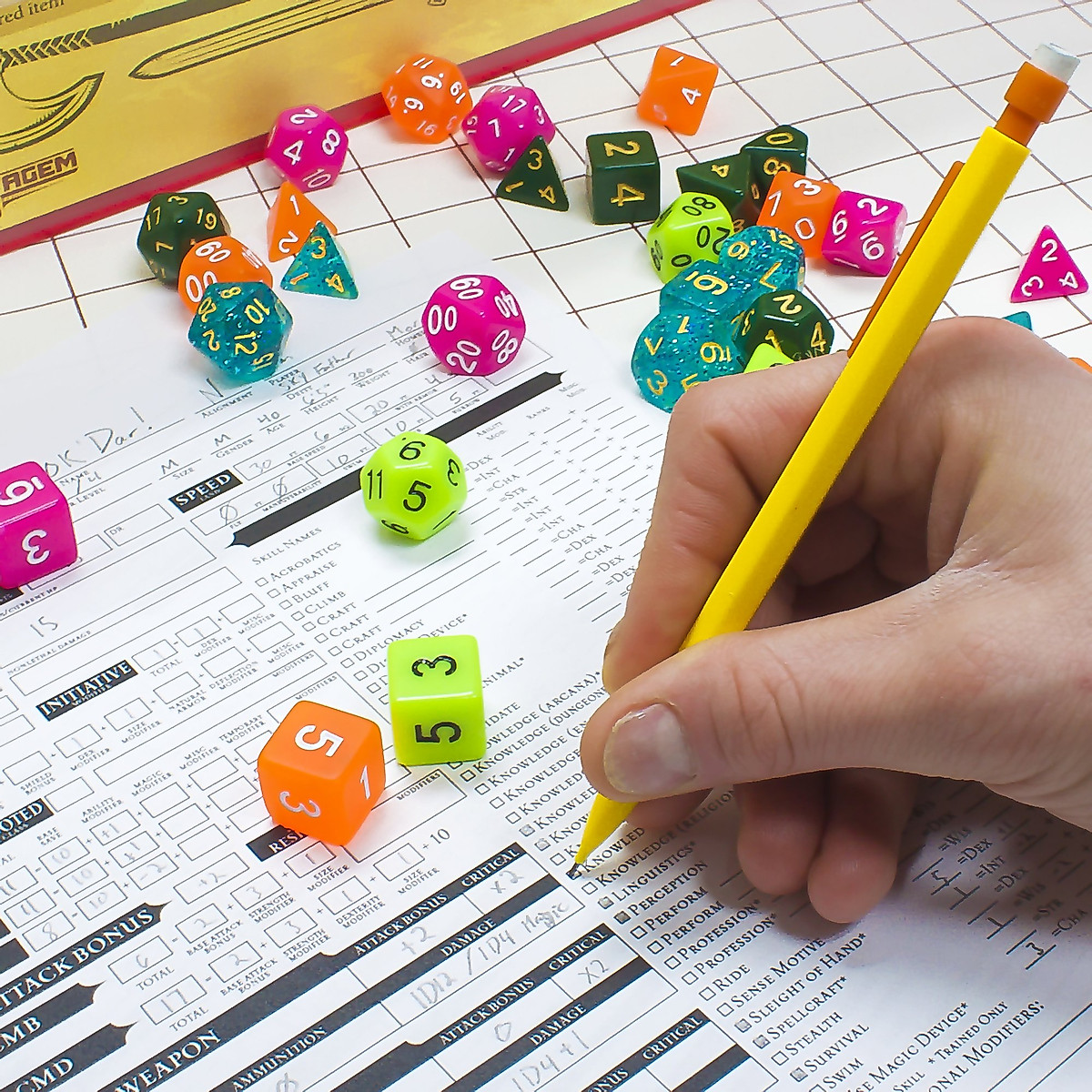 Wiz Dice Forge Embers Set of 7 Polyhedral Dice, Semi-Translucent Matte Finish Hunter Orange Tabletop RPG Dice with Clear Display Box