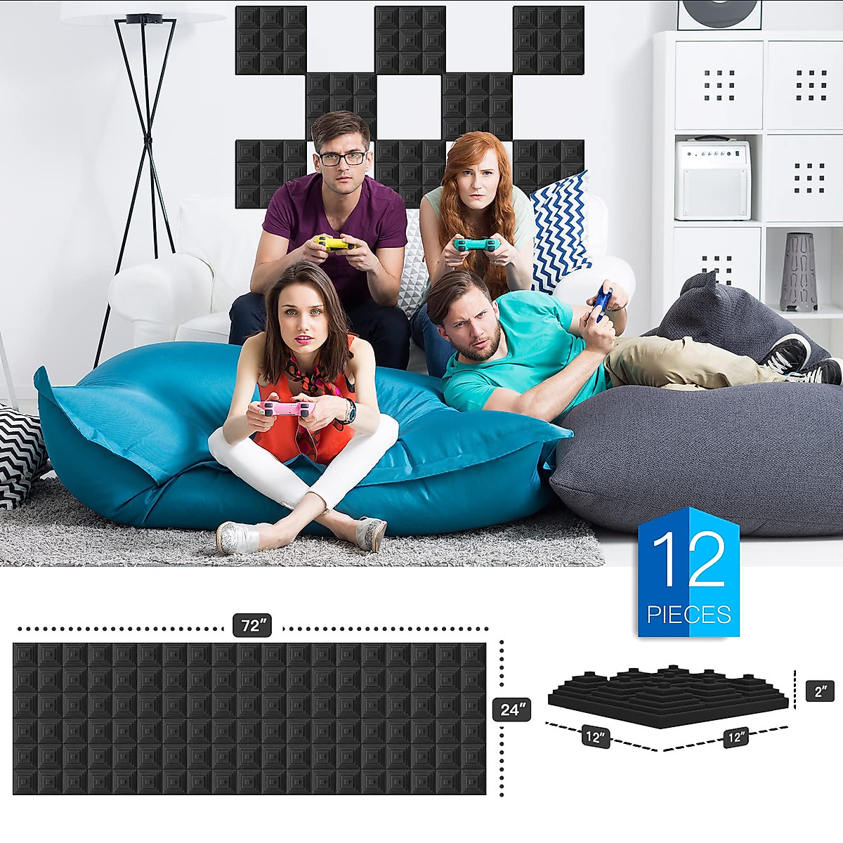 Acoustic Foam Panels of 12 Pack, 2021 New Sound Proof Foam Panels 2" x 12" x 12", Soundproof Insulation for Wall, Noise Absorbing Padding for Music Studio Bedroom Home, Decreasing Noise