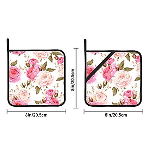 Floral Flower Rose Pink Print Pot Holders Sets,Kitchen Oven Glove High Heat Resistant 500 Degree Oven Mitts and Pot Holder,Surface Safe for Baking, Cooking, BBQ,Pack of 2