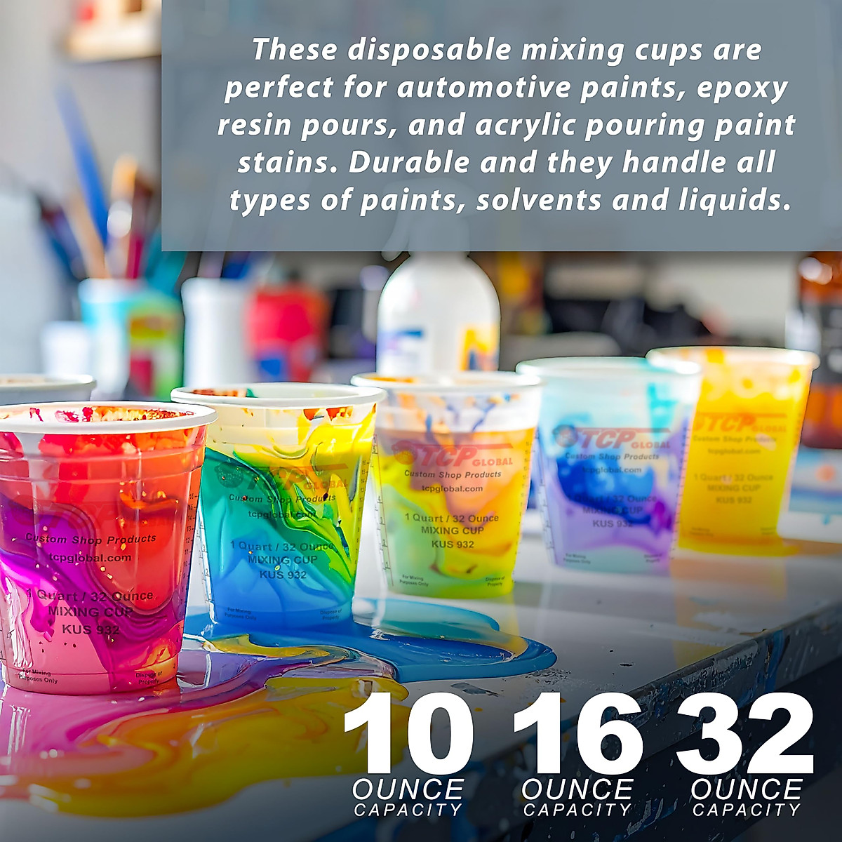 TCP GLOBAL Premium Paint Mixing Essentials Kit. Comes with 12 Mixing Cups, 6 Lids, 12 Wooden 12" Mixing Sticks, 12 Wooden Mini Mixing Paddles, 12 HQ 190 Mesh Paint Strainers & Paint Can Opener.