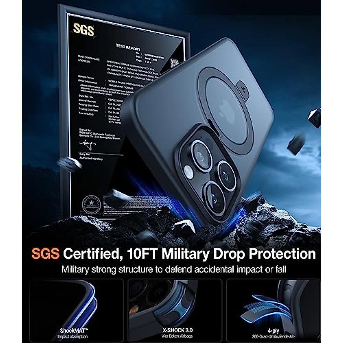 TORRAS Magnetic Shockproof for iPhone 14 Pro Case, [Exceed 3X Mil-Grade Drop Protection][Compatible with MagSafe] Built-in Foldable Stand Slim Yet Protective Phone Cover Grip Ring, Translucent Black