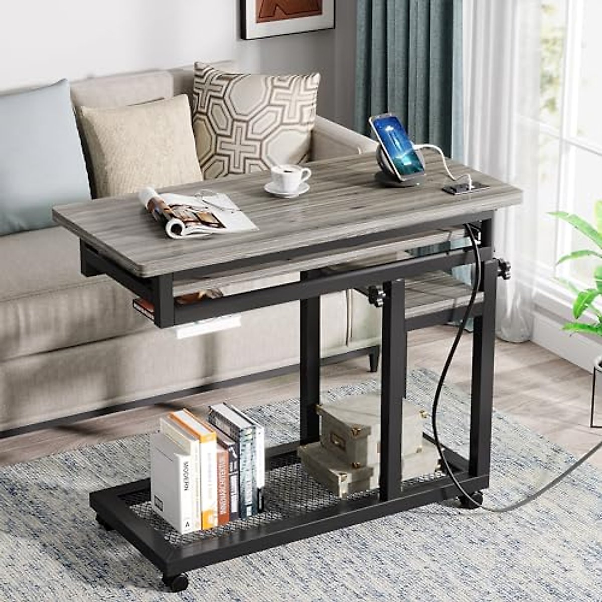 Tribesigns Small Portable Desk with Power Outlet, Height Adjustable Sofa Couch Bedside Laptop Table with Wheels, Mobile Standing Desk Rolling Computer Cart C Side Table with USB Ports