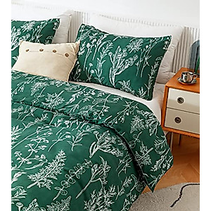 JANZAA Duvet Cover Queen Size,3 Pieces Floral Emerald, Botanical Green Duvet Cover,Microfiber Soft Bedding Set with Zipper Closure 4 Ties (2 Pillow Cases)