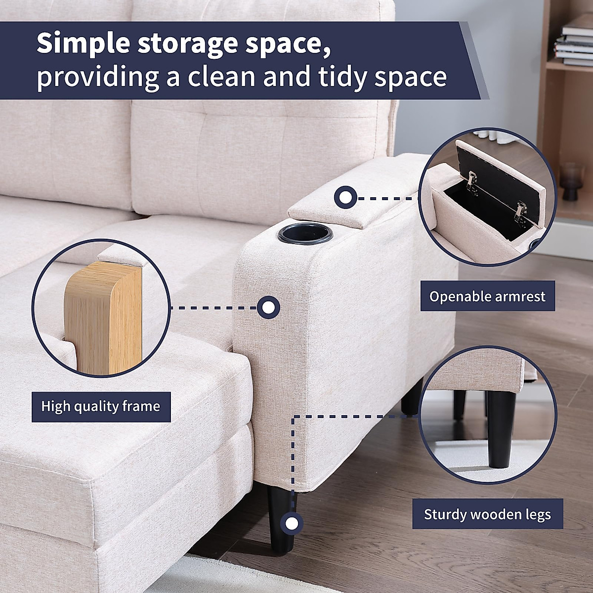 ijuicy 80" Sectional Sofa Bed, Modern Tufted Linen Convertible Sofa, Pull Out Couch Bed w/Storage Armrests,Cup Holders, 3 Seat L Shaped Couch,Reversible Sleeper Couches for Living Room (Beige)