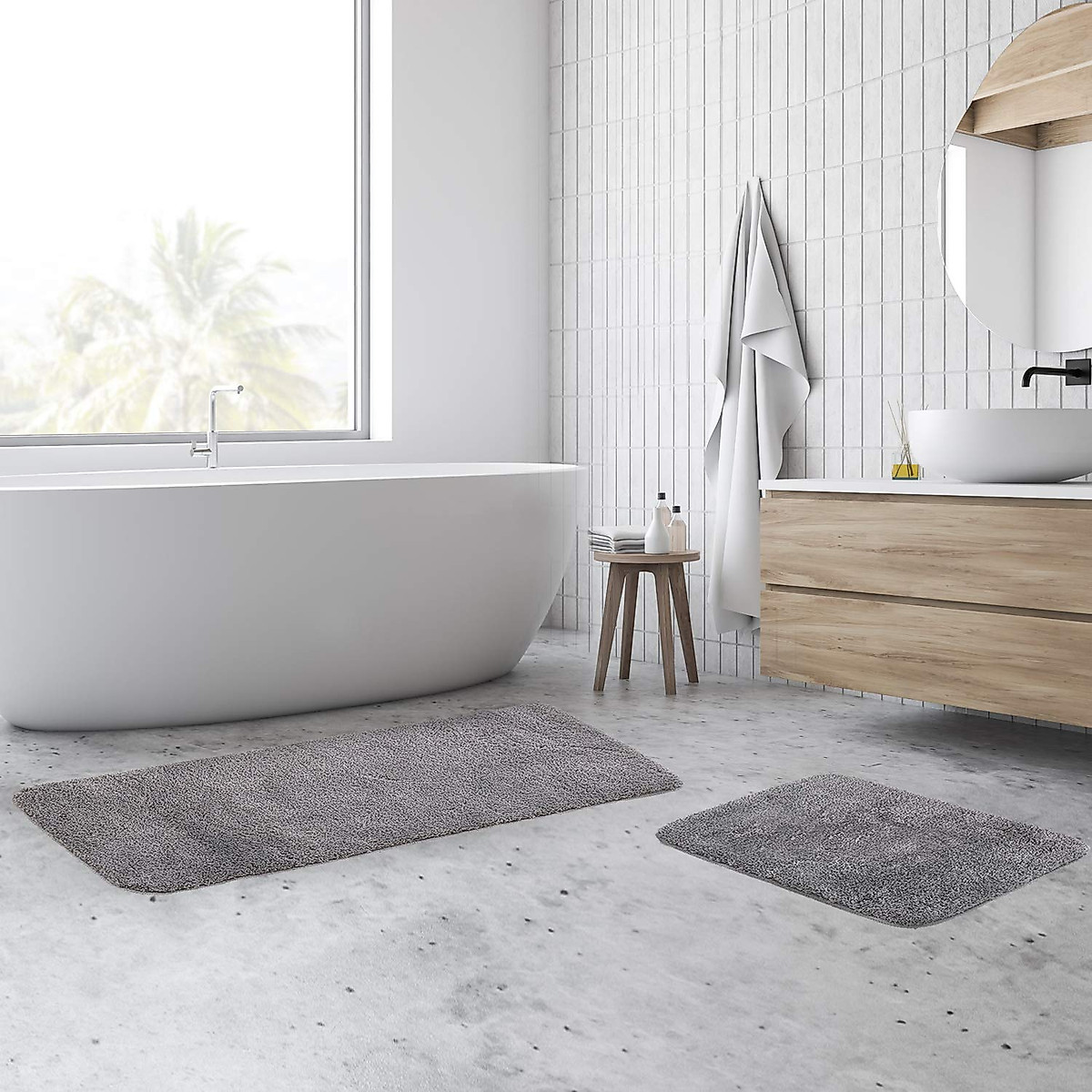 Kitchen Rugs, Anti-Slip Kitchen Rugs and Mats, 2 Pcs Kitchen Mats for Floor, Washable Rug for Kitchen, 17"x48"+17"x24", Grey