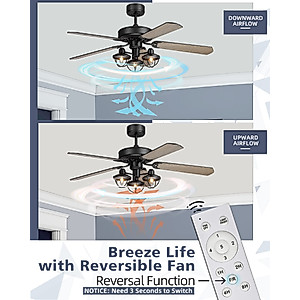 YOUKAIN Farmhouse Wooden Ceiling Fans, 52 Inch Industrial Ceiling Fan with 3 Lights and Remote Control, 5-Reversible Blades Indoor/Outdoor, Matte Black/Barnwood Finish, 52-YJ631