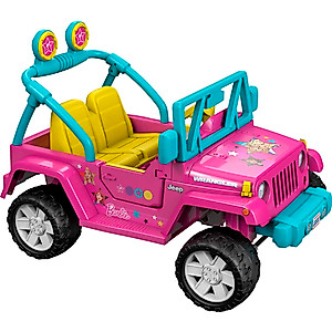 Fisher-Price Power Wheels Battery Powered Barbie Jeep Wrangler Car with Steering Wheel, Music Playing Radio, Roll Bar, and Power Lock Brakes