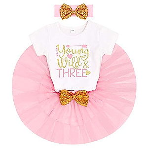 Baby Girls 1st/2nd/3rd Birthday Princess Cake Smash Baptism Tutu Party Dress Short Sleeve Top Romper Shirt+Ruffle Tulle Skirt+Sequin Bow Headband 3PCS Summer Outfit Pink-Young Wild Three 3T