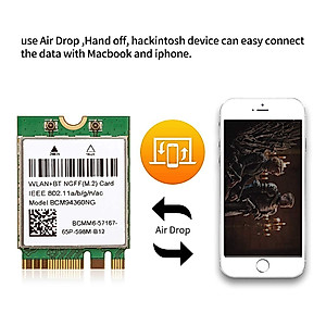 BCM94360NG NGFF M.2 2230 WiFi Card 802.11ac 1200Mbps Adapter for macOS BCM94360CS Wireless Card Original M.2 Card Plug and Play for AirDrop Continuity Handoff Better BCM94352Z DW1560 for Intel NUC