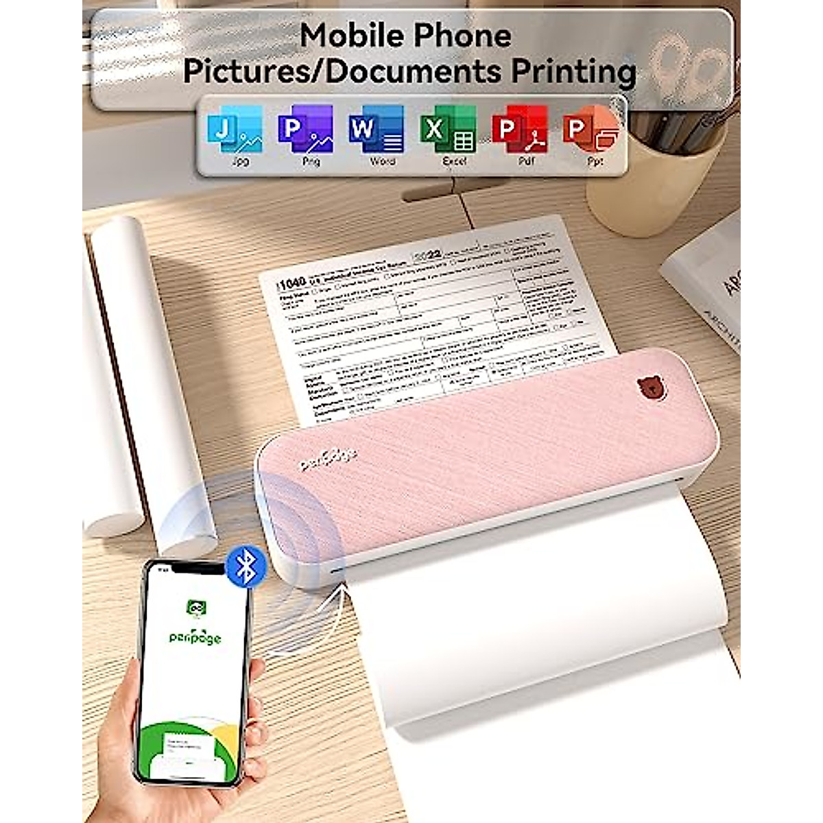 PeriPage A40 Thermal Portable Printer, Supports 8.26"x11.69" US Letter, Wireless Inkless Bluetooth Mobile Travel Printer, Compatible with Android and iOS, Prints Documents,Tattoo Paper, Photos(Pink)
