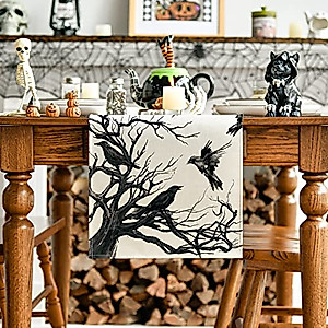 Artoid Mode Silhouette Tree Crows Halloween Table Runner, Branches Fall Kitchen Dining Table Decoration for Outdoor Home Party 13x72 Inch