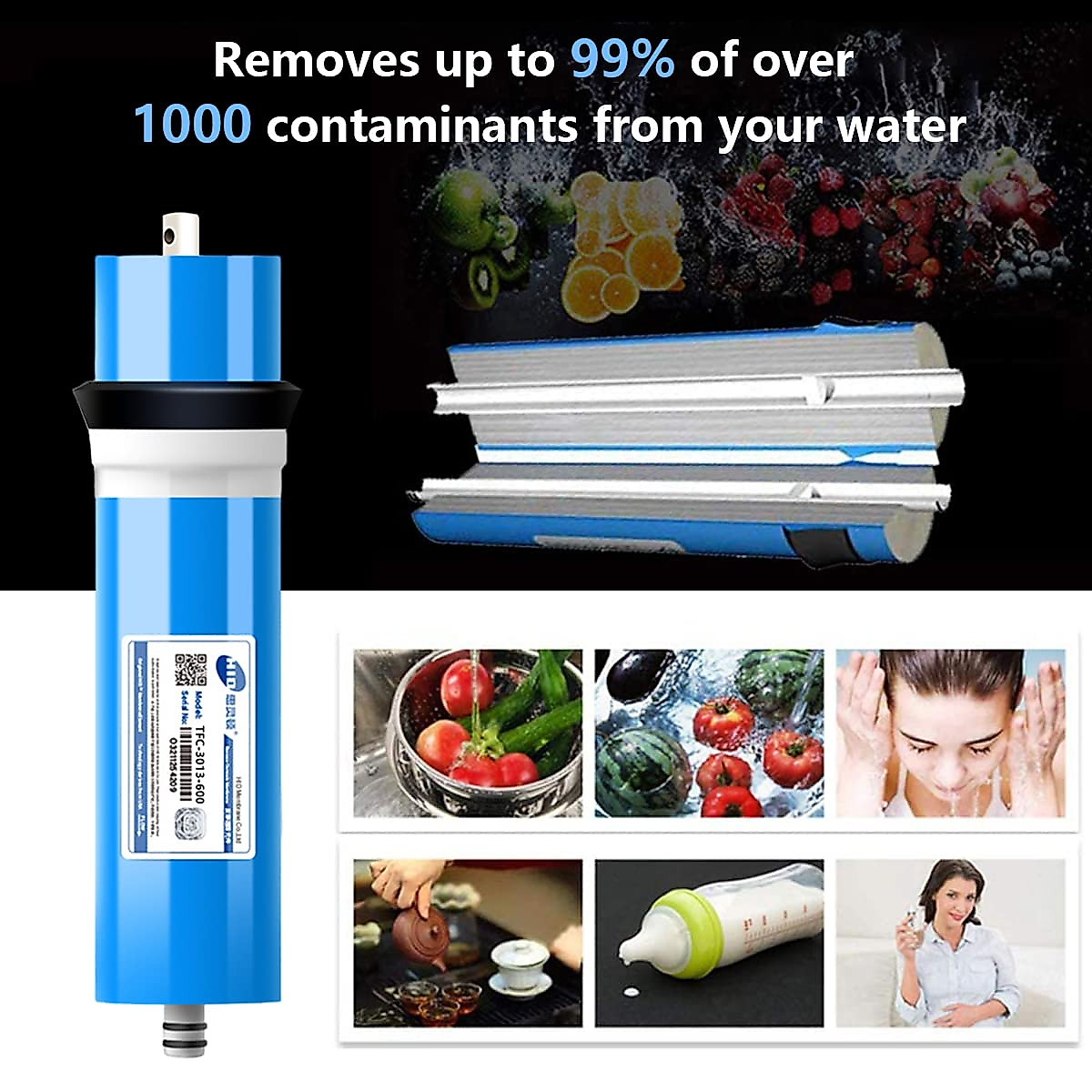 SWALLE 0.0001 Micron RO Membrane, 3013-600 GPD Universal Water Purifier Cartridge Removes 99% of Contaminants in Water ,Fits Under Sink Reverse Osmosis Drinking Water Purifier System (600 GPD)