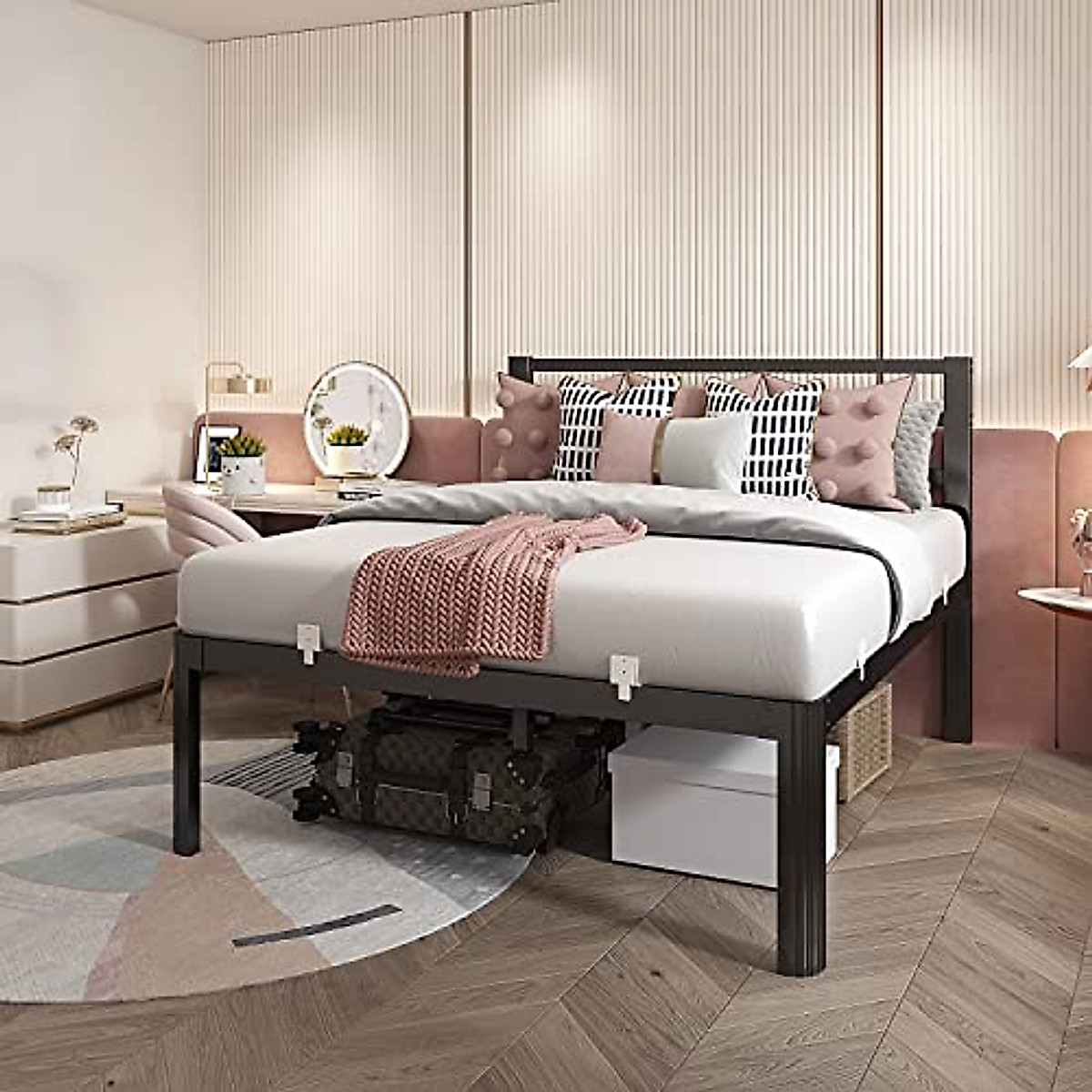 Woozuro 18 Inch Queen Bed-Frame with Headboard and 6PCS Mattress Gaskets No Slip Foundation No Box Spring Needed