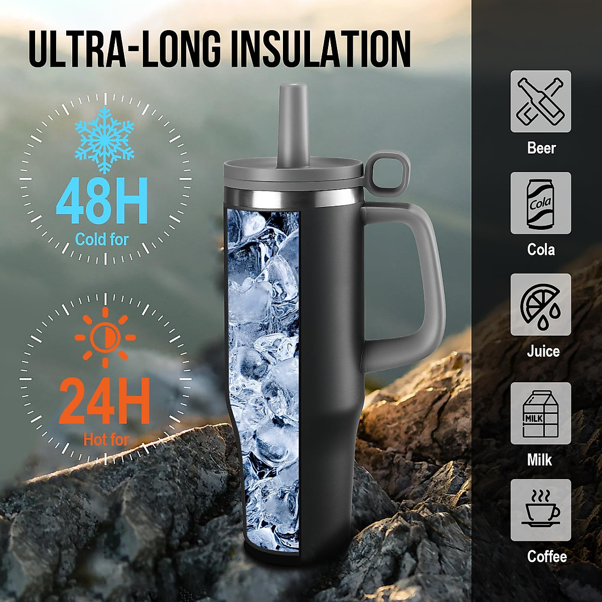 1TG Tactical 40 oz Tumbler with Straw and Lids - Tactical Water Bottle with Handle | Reusable Stainless Steel Metal Bottle Silicone Straws with Cover | Cupholder Friendly for Travel Camping Gym Shcool