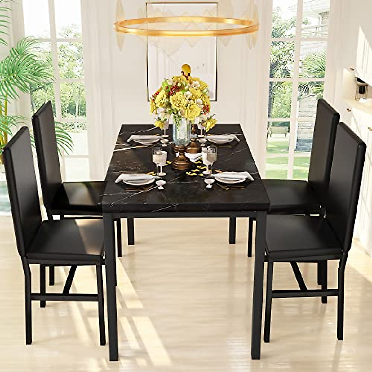 Hooseng Dining Table Set for 4, Space Saving Kitchen Table and Chairs for 4, Modern Style Faux Marble Tabletop & 4 PU Leather Chairs, Perfect for Dining Room,Breakfast Corner Small Spaces,Black