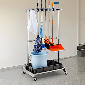 VEVOR Garden Tool Organizer, 10 Slots with Hooks, Yard Tool Tower Rack with Wheels for Garage Organization and Storage, Hold Long-Handled Tool/Rake/Broom, Metal Tool Stand Holder for Shed, Outdoor