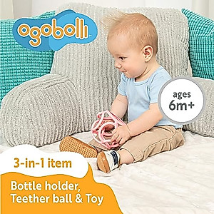 OgoBolli Grippi Teether Ring Tactile Sensory Ball and Baby Bottle Holder for Babies & Toddlers - Stretchy, Squishy, Soft, Non-Toxic Silicone - Boys and Girls Age 6+ Months - Pink