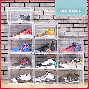 YOLOPARK Shoe boxes X-Large Clear Plastic Stackable Side Door Sneaker Display Case Pack of 4, Shoe Containers for Closet with Lids Shoe Storage Boxes Fit Size Up to US Men's 14 (4 Pack Clear)