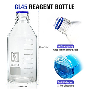 ALWSCI 1000ml Graduated Glass Round Media Storage Bottle with blue GL45 Screw Cap, 3.3 Borosilicate Glass, Wide Mouth Lab Reagent Bottle, Pack of 1