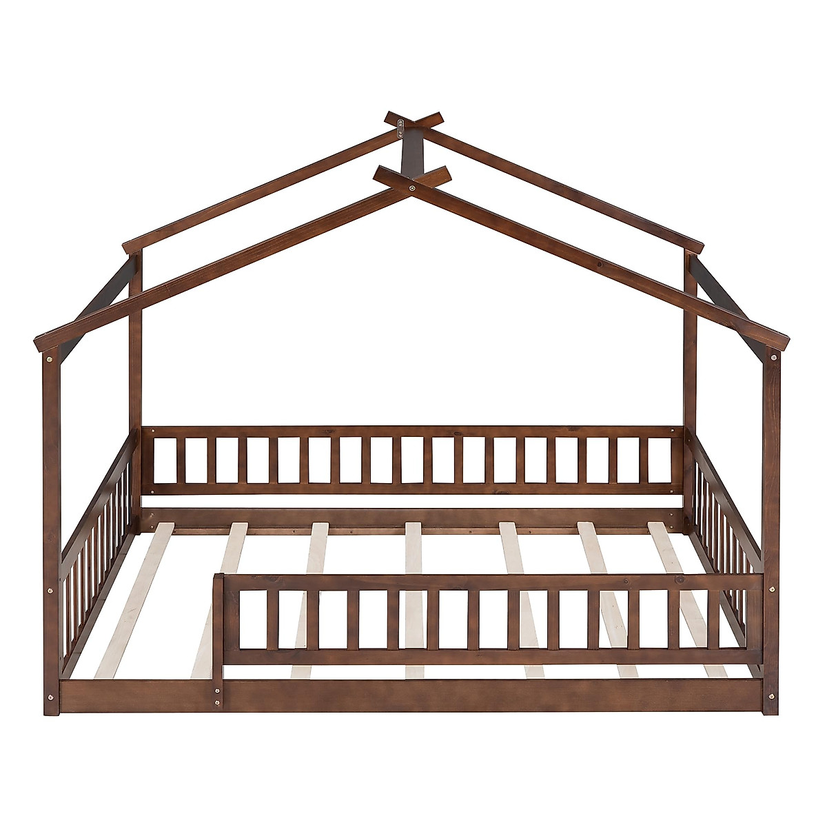 BestLM Full Size Wooden House Bed for Kids, Wood Platform Bed Frame with Fence, Roof, and Safety Guardrail for Kids, Teens, Girls, Boys, Walnut
