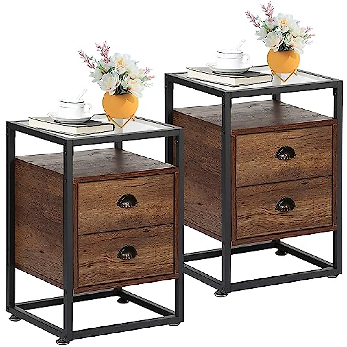 VECELO End Table, Modern Nightstand with Drawer, Night Stand Set of 2 for Bedroom Living Room,Tempered Glass, Brown/2pcs