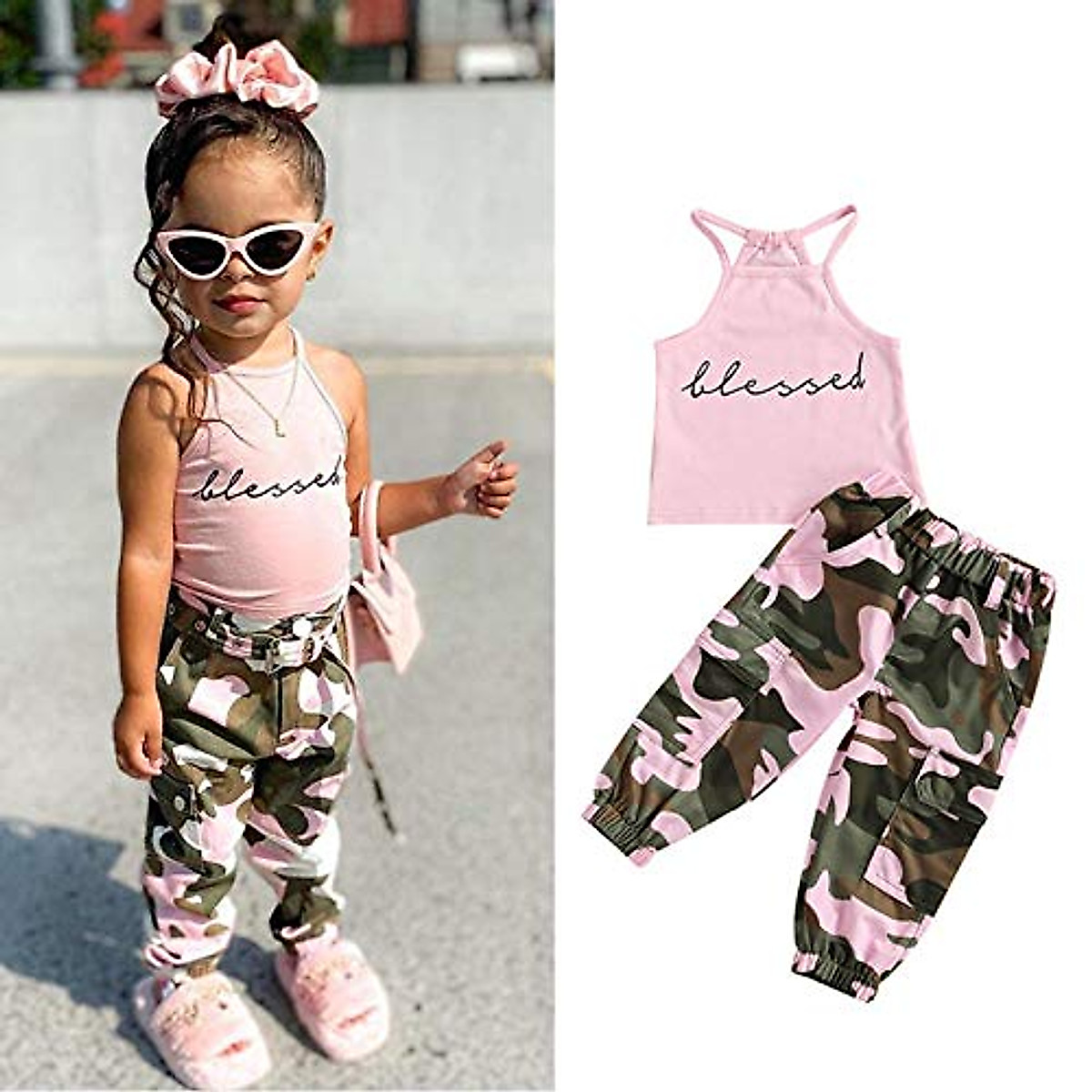 fhutpw Baby Toddler Kids Girls Clothes Sets 2pcs Halter Sleeveless Top & Camouflage Pants Sets Vest Outfits (Pink, 2-3T)