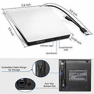 Haiway External DVD Drive, USB 3.0 Type-C CD Burner Portable CD DVD +/-RW Optical Drive Slim CD DVD ROM Rewriter CD/DVD Player Writer Reader for Laptop Desktop MacBook PC Windows Linux Mac OS (White)