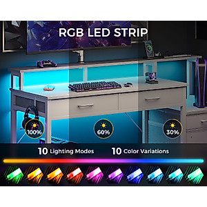 AODK 48-Inch Computer Desk with Fabric File Cabinet and Fabric Drawers, Reversible Office Desk with LED Strip and Power Strip, Gaming Desk with Monitor Riser, Writing/Study Table for Home, White