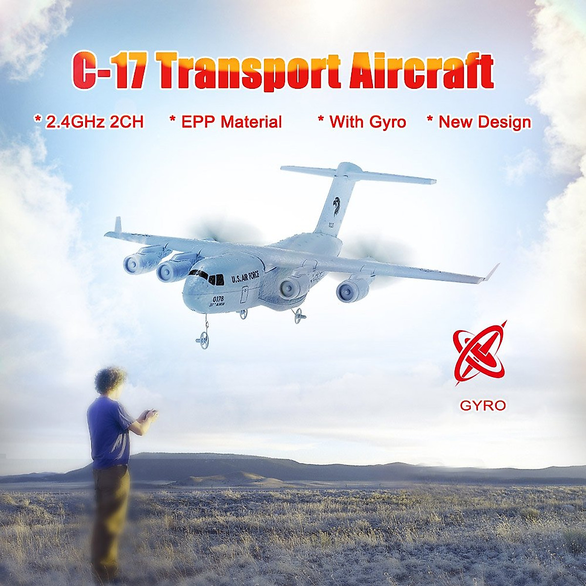 GoolRC C-17 RC Airplane, 2.4GHz 2CH Remote Control Airplane, Military Transport Aircraft with 373mm Wingspan, EPP Foam Fixed-Wing RC Plane, Easy to Fly for Beginners, Kids and Adults