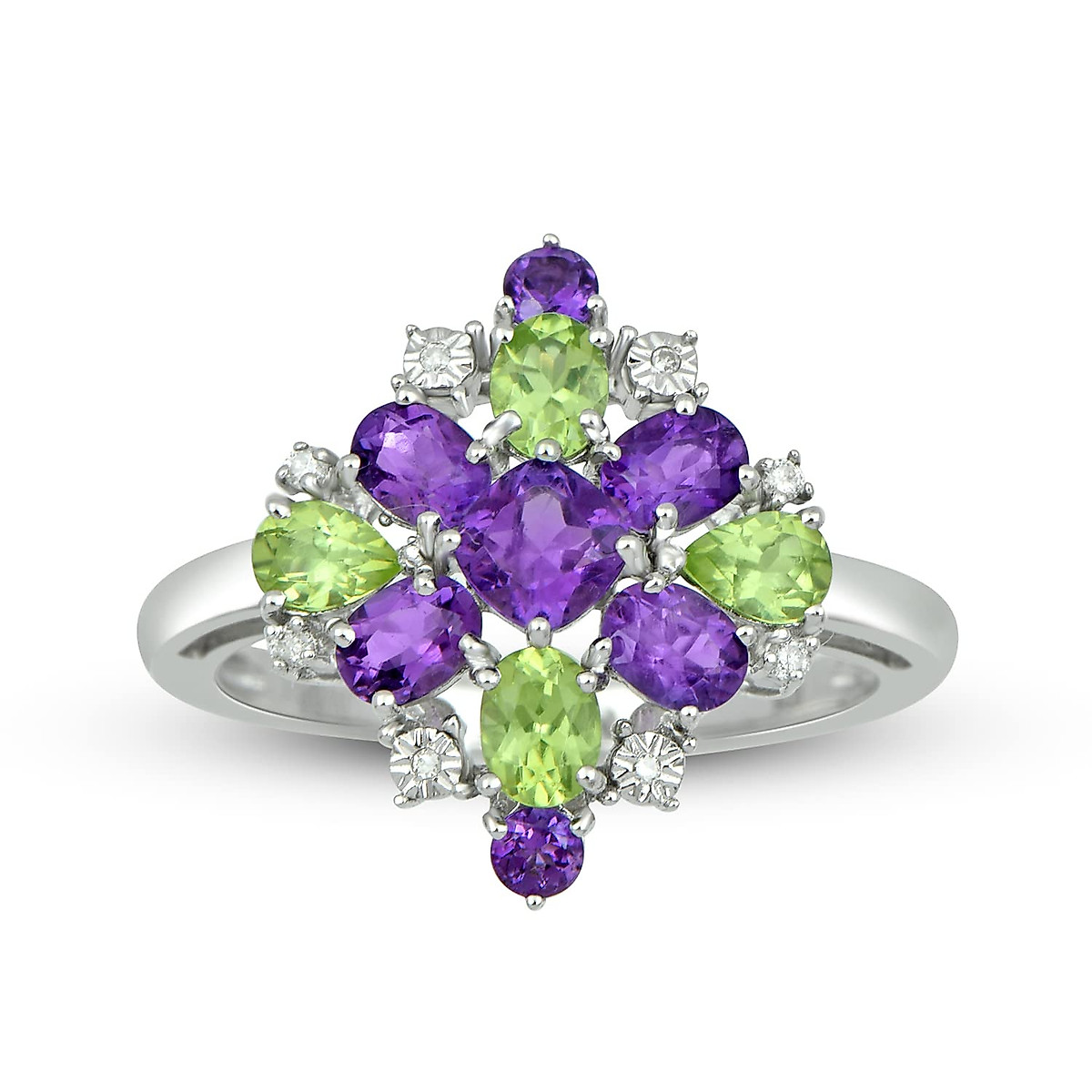 Jewelili Sterling Silver 4 MM Cushion Cut, 4x3 MM Oval and Round Amethyst with 4x3 MM Pear and Oval Cut Peridot and Diamond Accent Engagement Ring Size 7