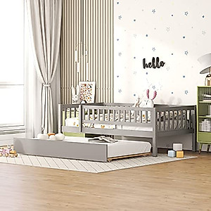 RORIGAT Wooden Daybed, Twin Size Bed Frame with Trundle and Fence Guardrails for Kids Teens Adults, Wood Slat Support, No Box Spring Needed, Easy Assembly,Gray