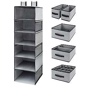 6 Shelf Hanging Closet Organizers Storage Easy Mount Collapsible Accessory Closet Shelf Organizer, Baby Nursery Sweater or Shoe Organizer (Gray)