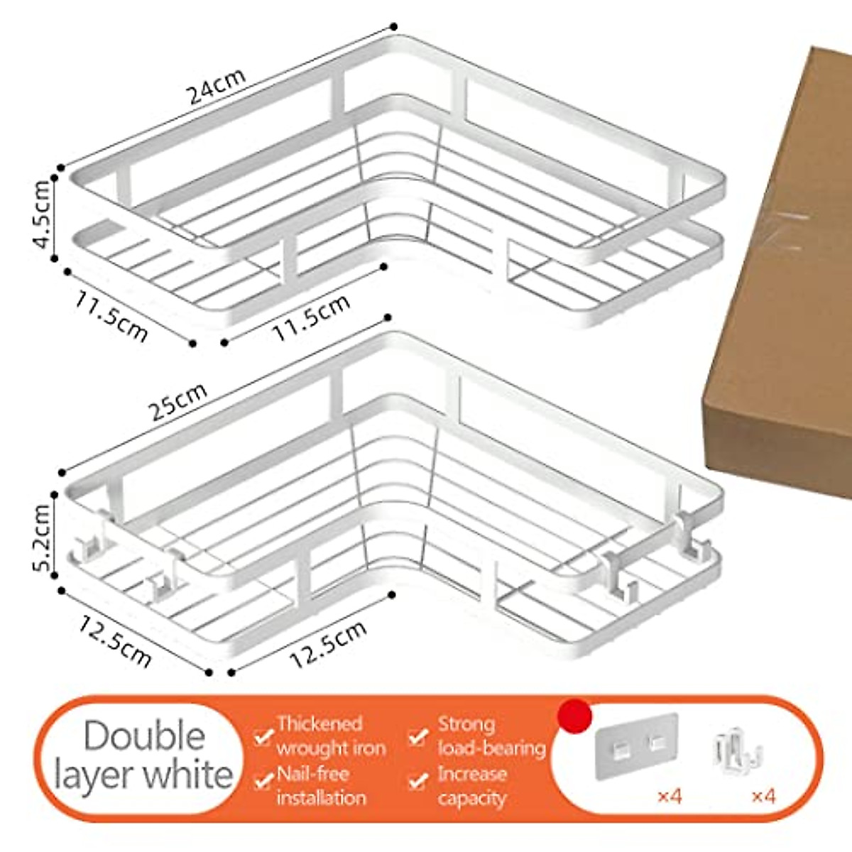 Takeberny 2PCS Corner Bathroom Shower Shelf, no drill corner shower shelf, Stainless Steel Shower Stand with 4 Hooks, Bathroom Stand without Drilled Holes, for Bathroom Storage (White)