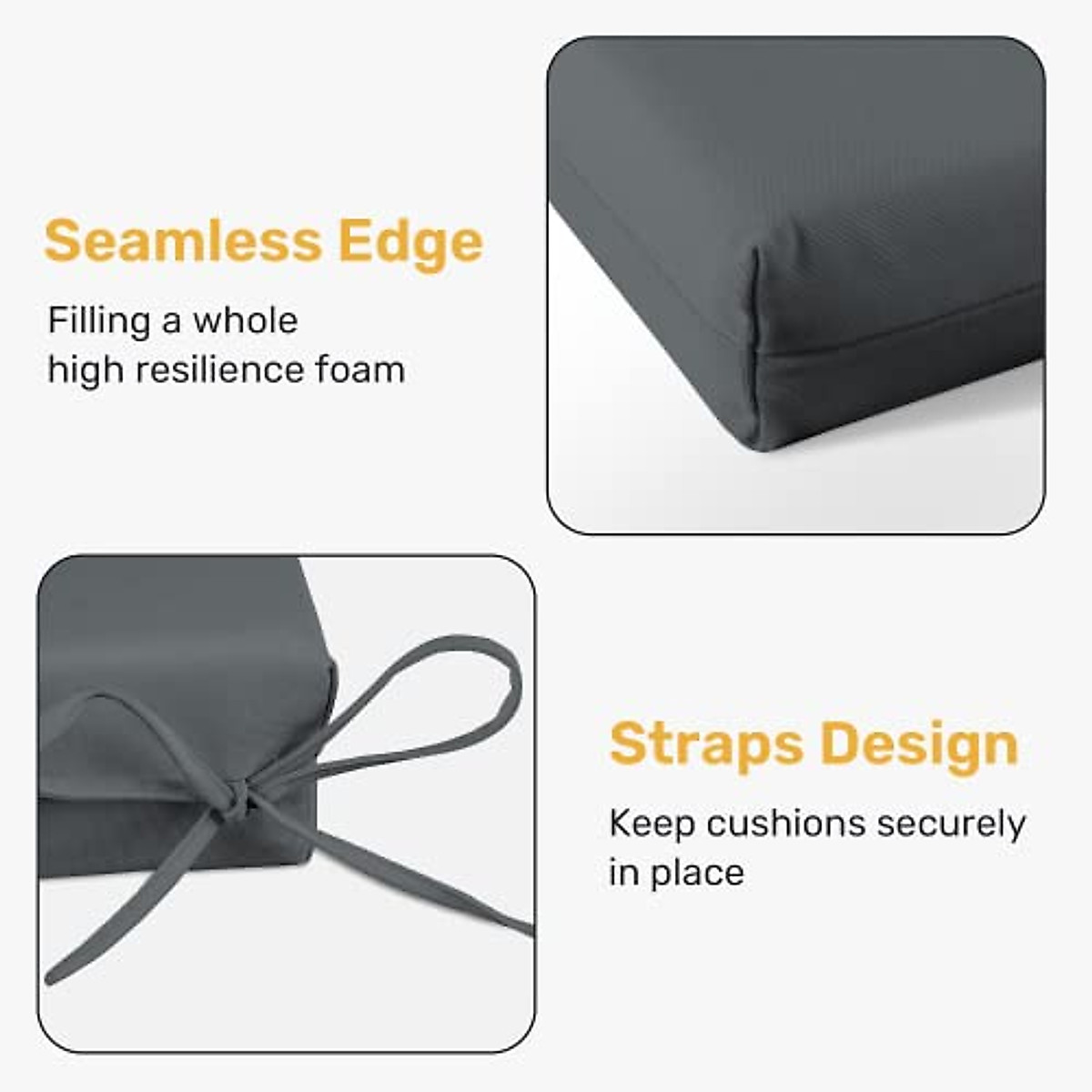 UNIKOME Outdoor Chair Cushions Pack of 4, Water Resistant Patio Cushions with Ties, High Density Sponge Filling Square Corner Seat Cushions for Outdoor Furniture, 18.5"x16"x3", Dark Grey