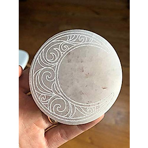 CrystalsAhoy Ethically Mined, Locally Etched 3" Selenite charging plate etched with crescent moon design, Ethically Sourced Selenite Etched in the USA