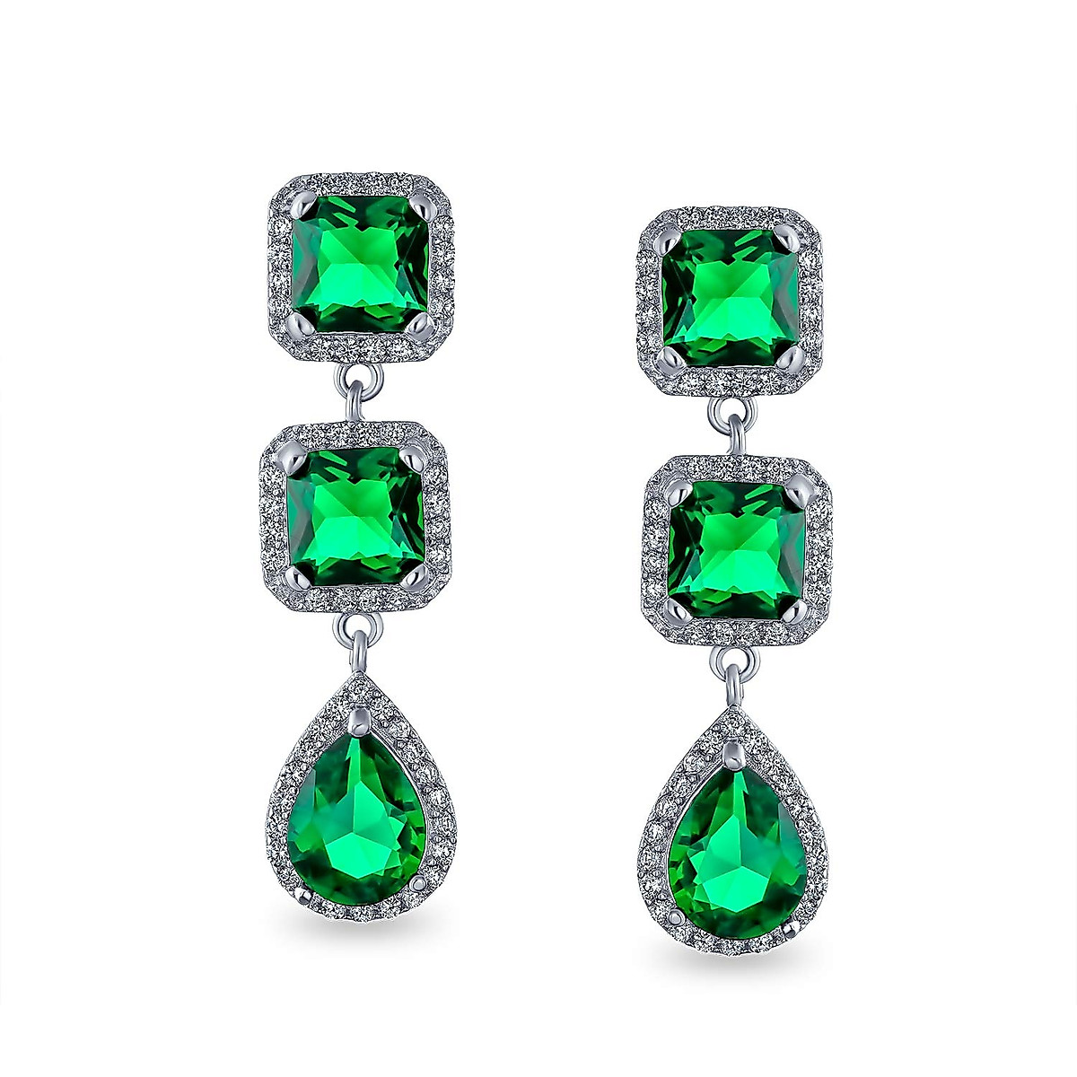 Long Geometric Simulated Emerald Green Teardrop CZ Statement Chandelier Earrings For Women For Prom Silver Plated