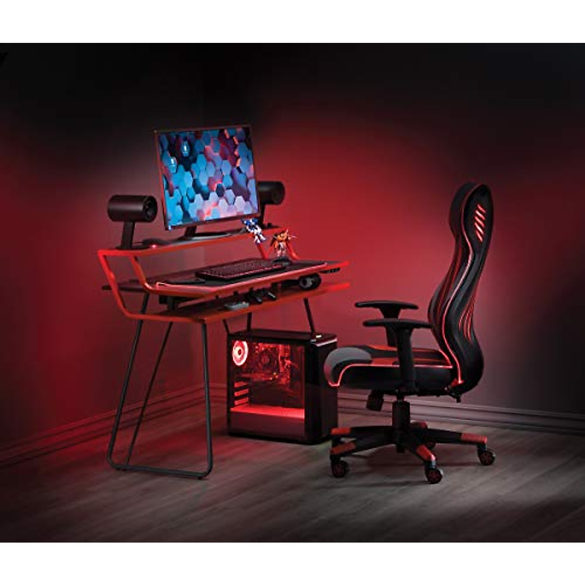 OSP Home Furnishings Glitch Battlestation Gaming Desk with Bluetooth RGB LED Lights, Red