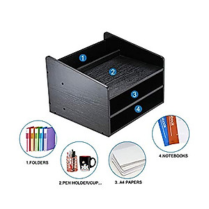 PAG Wood Desktop File Organizer Mail Sorter Magazine Rack Paper Holder Telephone Stand with Adjustable Drawer, Black