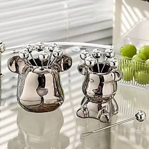 Dessert Fruit Sign Light Luxury Little Bear Fruit Fork Household Tableware Cute Fruit Fork Can Creative Storage Can (8x9, silver)
