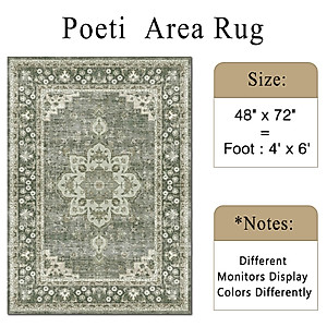 Poeti Washable Rug, Ultra Thin 4x6 Rug - Non Slip Carpet - Small Area Rugs for Living Room Entryway Rug - Vintage Floral Rug, Green Rug