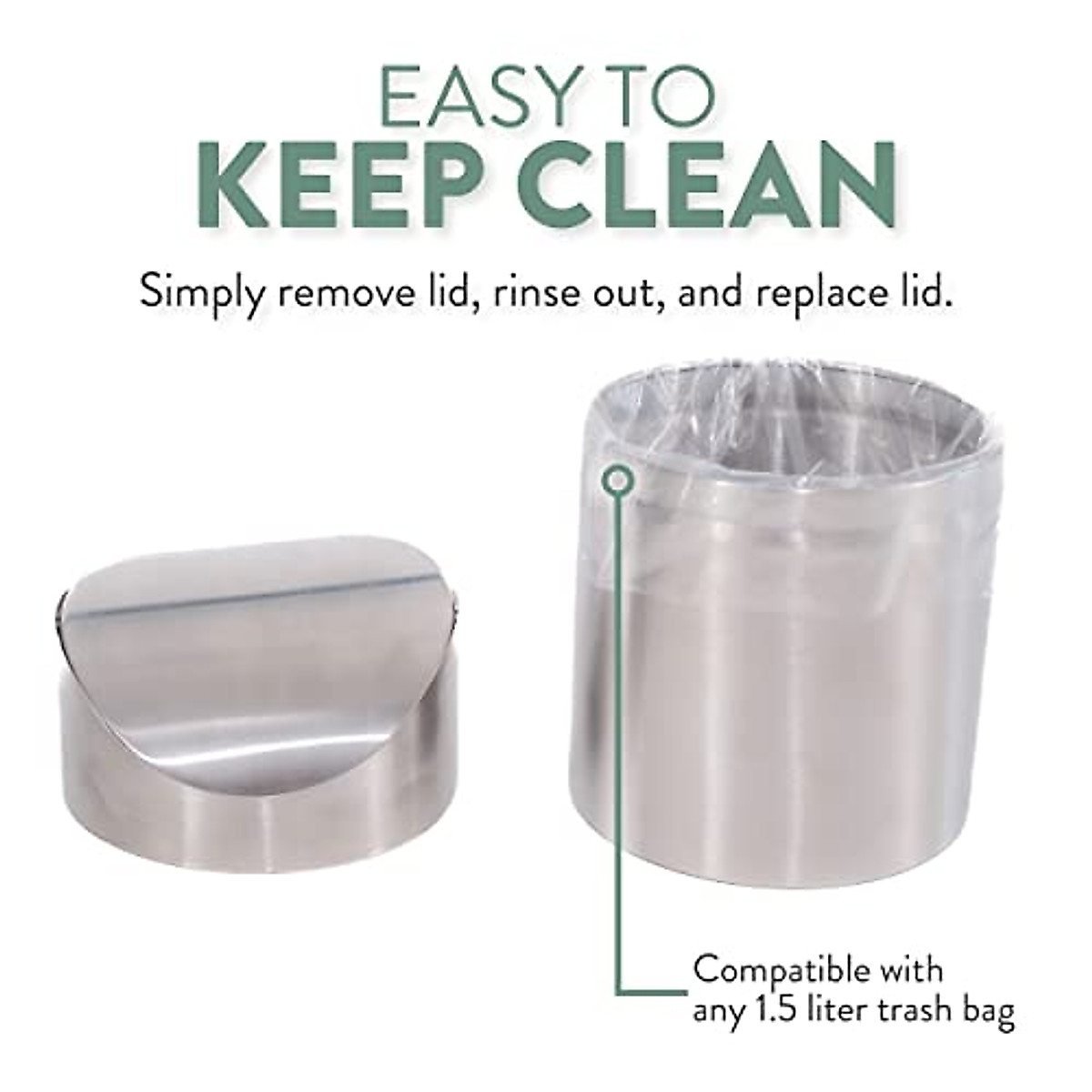 Estilo Mini Countertop Trash Can, Brushed Stainless Steel, Swing Top Lid Trash Bin 1.5 L / 0.40 Gallon, Silver Trash Can, Kitchen Countertop, Bedroom, Home Office, (EST0159)