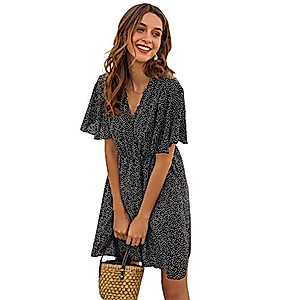 Romwe Women's Short Sleeve V Neck All Over Print High Waist A Line Summer Short Dress Black S