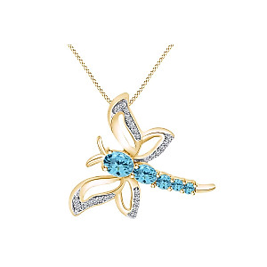 0.90 Carat White Natural Diamond & Simulated Aquamarine Dragonfly Pendant Necklace 14k Yellow Gold Over Sterling Silver