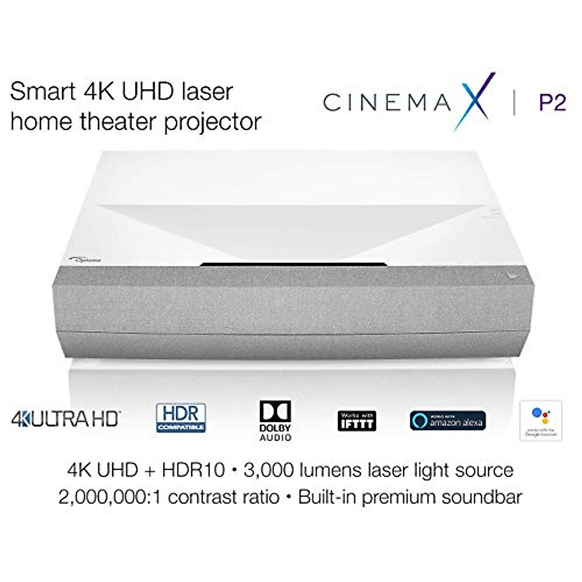 Optoma CinemaX P2 Smart 4K UHD Laser Projector for Home Theater 3000 Lumens Superior Image with Laser & 6-Segment Color Wheel (Renewed)