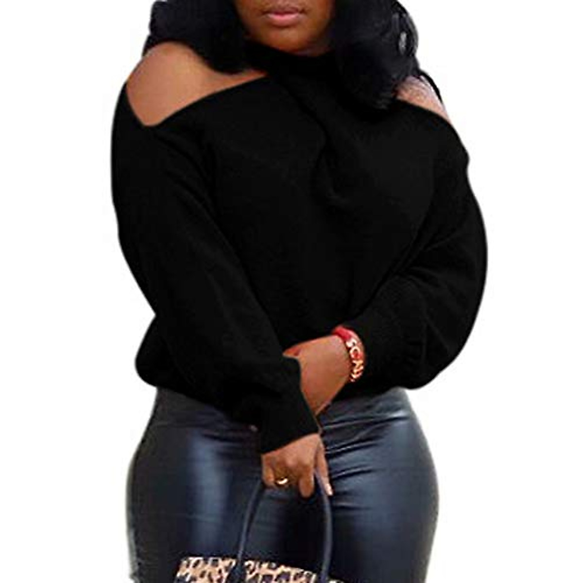 Women Sexy Cold Shoulder Long Sleeve Halter V Neck Loose Fit Knitted Sweater Pullover Tops L Black