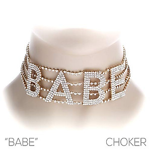 Arsimus Crystal Rhinestone Babe Statement Choker Necklace (Gold)