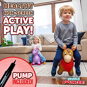 WADDLE Bouncy Hopper Inflatable Hopping Animal, Indoors and Outdoors Toy for Toddlers and Kids, Pump Included, Boys and Girls Ages 2 Years and U (Brown Horse)