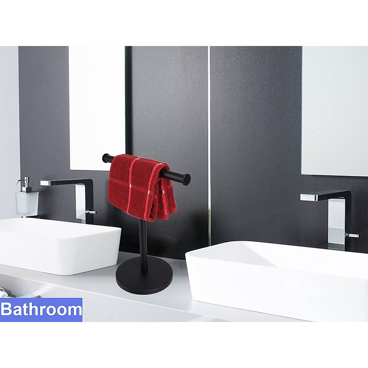 TocTen Hand Towel Holder Stand, T-Shape Hand Towel Rack for Bathroom Vanity Countertop, SUS 304 Stainless Steel Bath Towel Bar Stand with Heavy Duty Base (Matte Black)